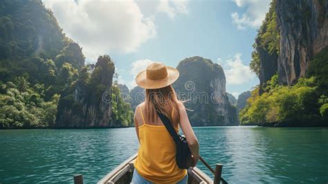 Girl Sailing In A Boat On A Tropical River Among Rocks And Forest Stock