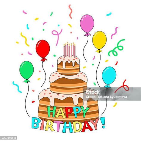 케이크 풍선 및 색종이 조각 다채로운 벡터 일러스트 레이 션과 함께 생일 축하 인사말 카드 공휴일에 대한 스톡 벡터 아트 및