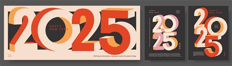 새해 복 많이 받으세요 2025 숫자와 함께 현대적인 트렌디 한 포스터 세트 배너의 창의적인 개념 달력 표지 타이포그래피가 있는 디자인 템플릿 12월 31일에 대한 스톡