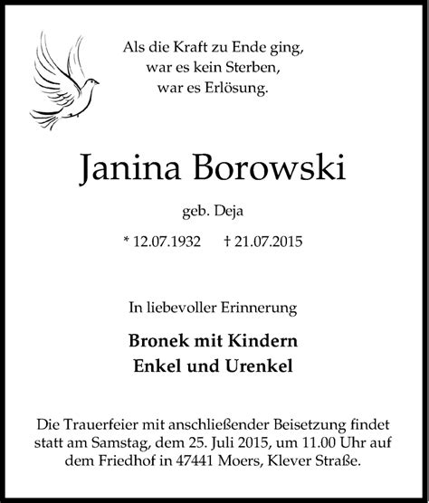 Traueranzeigen Von Janina Borowski Trauer In Nrw De