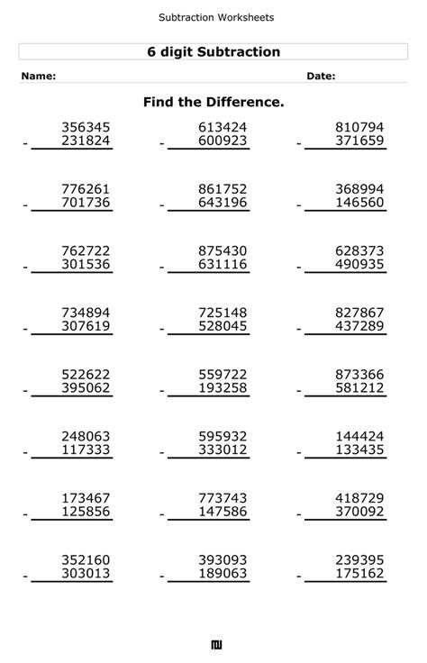6 Digit Subtraction Worksheets 6 Digit Minus 6 Digit Subtraction Long Subtraction With 6 Digit