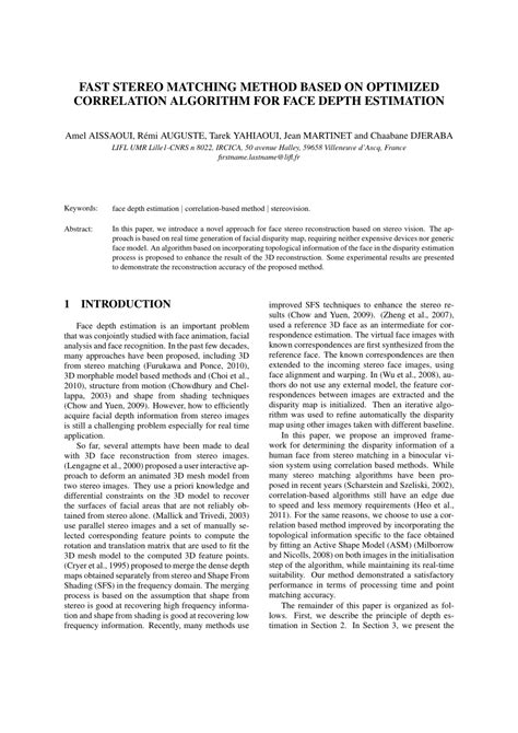 pdf fast stereo matching method based on optimized correlation algorithm for face depth estimation