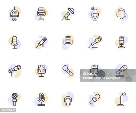 마이크 아이콘 세트 팟캐스트 콘서트 및 스피커용 장비 윤곽선 벡터 마이크 현대적인 평면 스타일의 개요 오디오 픽토그램 컬렉션 벡터 일러스트 레이 션 팟캐스팅에 대한 스톡