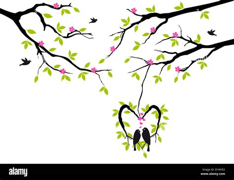 Birds Sitting On Spring Tree In Heart Shaped Nest Stock Photo Alamy
