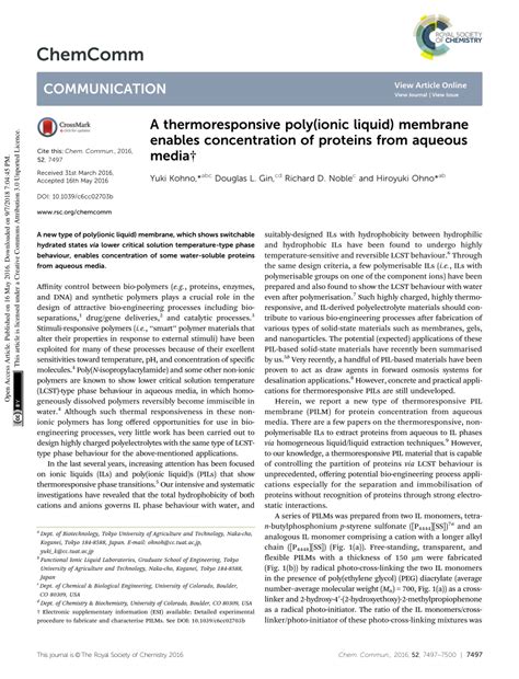 Pdf A Thermoresponsive Polyionic Liquid Membrane Enables Concentration Of Proteins From