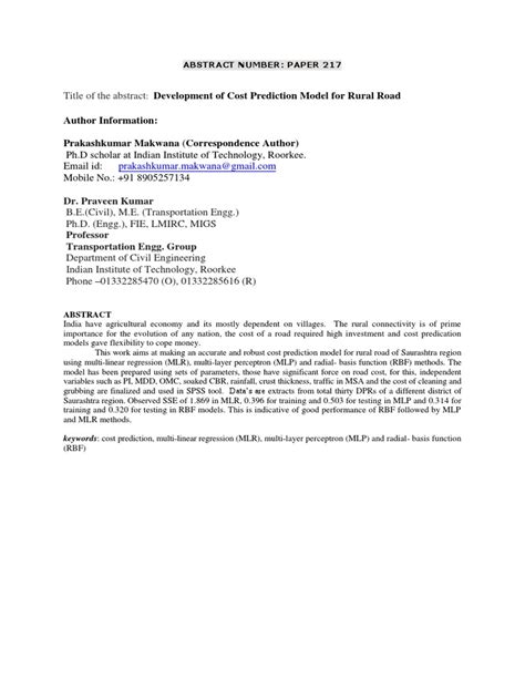 Development Of Cost Prediction Model For Rural Road Pdf