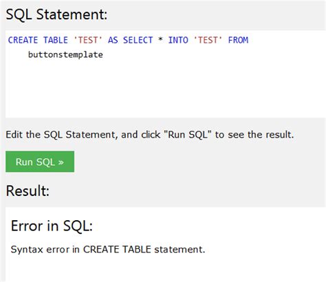 C Syntax Error In Create Table Statement When Using Create Table As