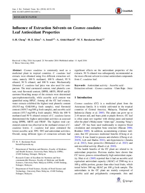 Pdf Influence Of Extraction Solvents On Cosmos Caudatus Leaf