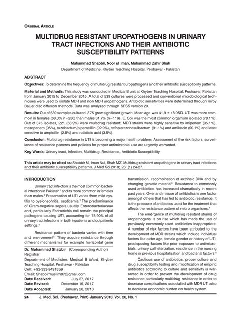 Pdf Multidrug Resistant Uropathogens In Urinary Tract Infections And Their Antibiotic