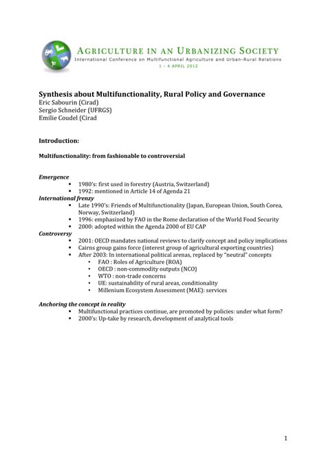 Pdf Synthesis About Multifunctionality Rural Policy And Governance