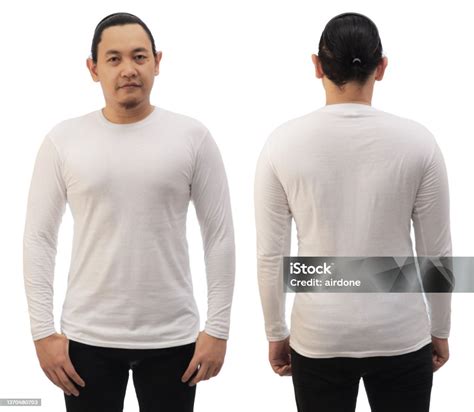 빈 긴 소매 셔츠는 템플릿 전면 및 뒷면 보기를 모의 아시아 남자는 절연 일반 흰색 티셔츠를 착용 티 디자인 모형 프리젠 테이션