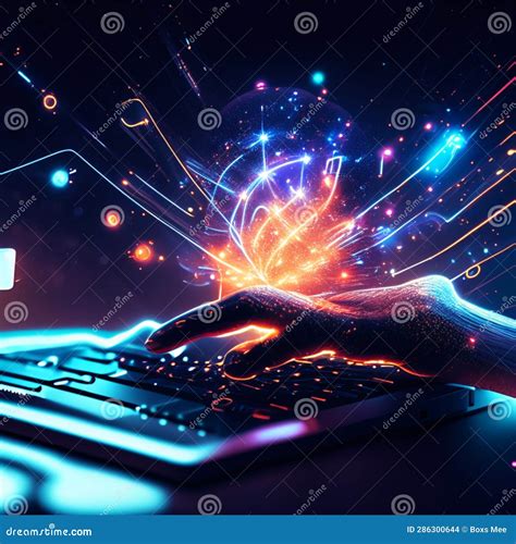 Hands Typing On Laptop Keyboard With Glowing Digital Network Hologram