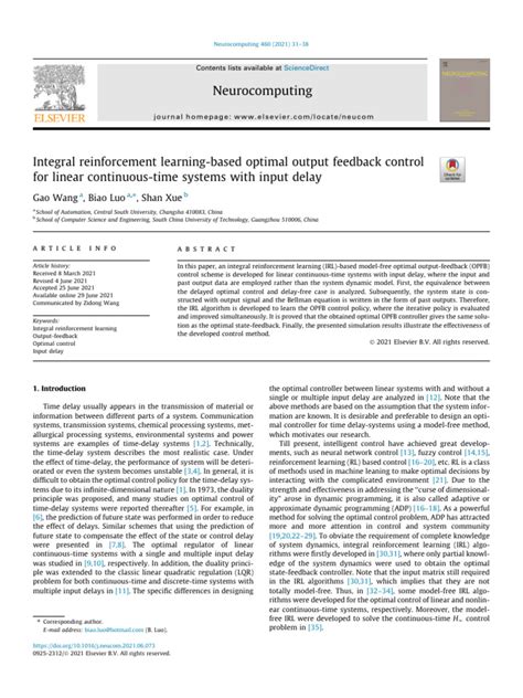Neurocomputing 2021 Integral Reinforcement Learning Based Optimal Output Feedback Control Pdf