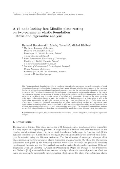 Pdf A 16 Node Locking Free Mindlin Plate Resting On Two Parameter Elastic Foundation Static
