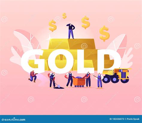 Gold Mining Concept Tiny Miner Characters Working On Quarry With Tools