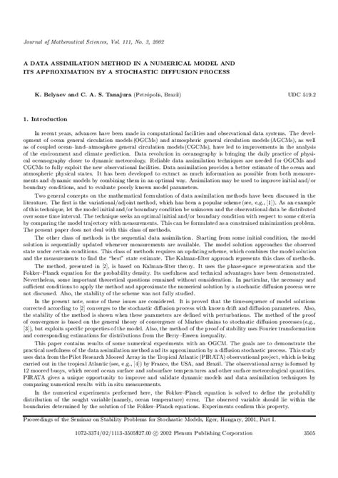 Pdf A Data Assimilation Method In A Numerical Model And Its Approximation By A Stochastic