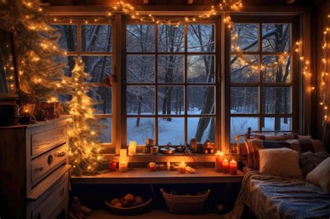 Premium Ai Image Warm Glow Of Christmas Lights In A Cozy Winter Cabin
