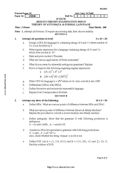 Btech Cs 4 Sem Theory Of Automata And Formal Language Ncs402 2019 Ncs Page 1 Of 2 Printed