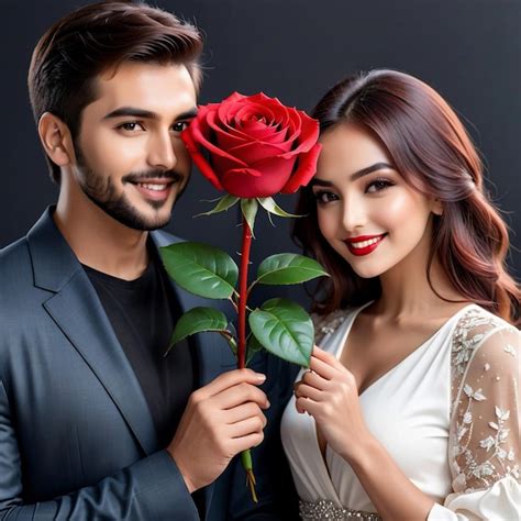 Happy Valentine Day Red Roses Expression Of Love Couple Holding Bright Red Rose In Hands