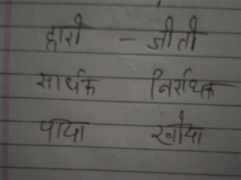 निम्नलिखित शब्दों के विलोम शब्द लिखिए 1 हारी 2 सार्थक 3 पाया 4