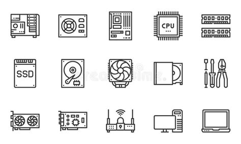 Hardware Line Icons Collection Computer Processor Motherboard