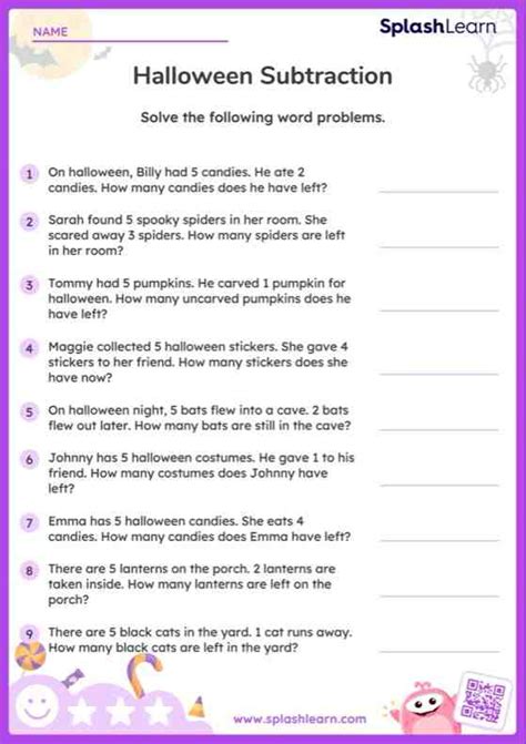 Subtract Within 5 Halloween Word Problems Worksheet