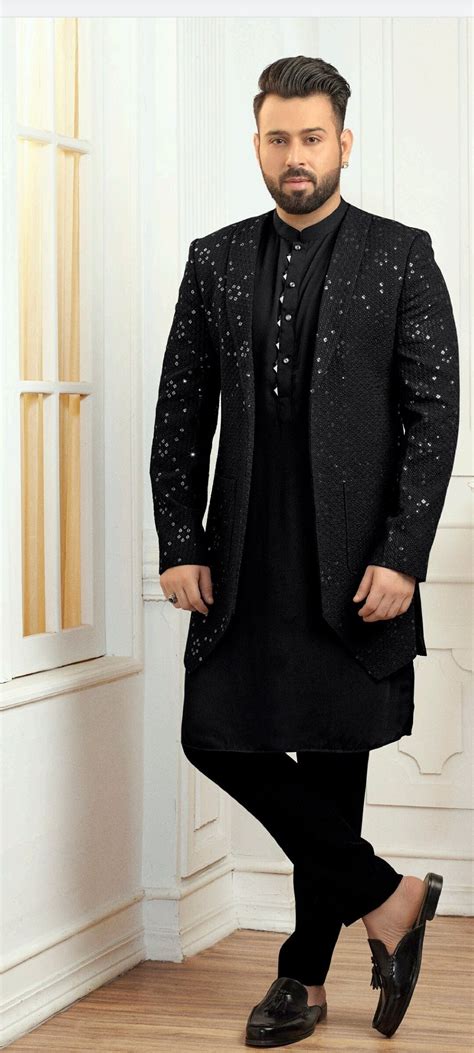 Mens Indian Latest Design For Black Indo Western Sherwani Groom Wedding