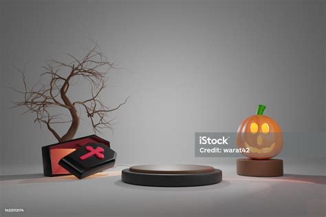 행복한 할로윈을위한 투명한 유리 관이있는 호박의 연단과 촛불 빛 개념 3d 일러스트 레이션 또는 3d 렌더링 10월에 대한 스톡 사진 및 기타 이미지 Istock