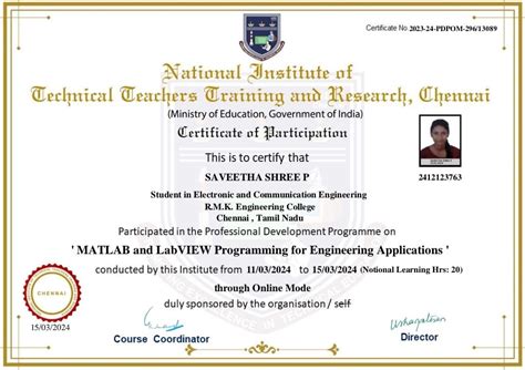 Completed Matlab And Lab View Course At Nitttr Saveetha Shree P Posted On The Topic Linkedin