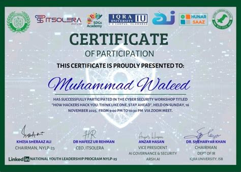 Cyber Security Workshop By Nylp 2025 And Itsolera Pvt Ltd Muhammad Waleed Posted On The Topic