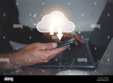 Virtual Screen With Cloud Computing Diagram Displayed By A Man Stock