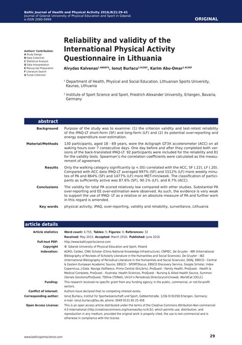 Pdf Reliability And Validity Of The International Physical Activity Questionnaire In Lithuania