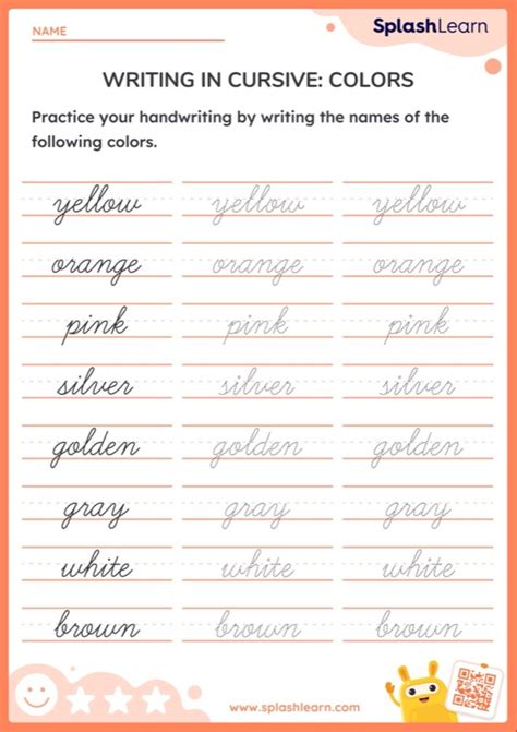 Writing In Cursive Colors Worksheet