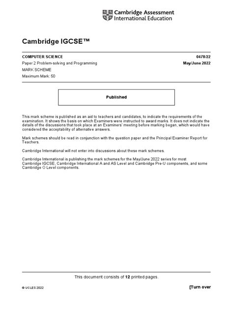Cambridge Igcse™ Computer Science 0478 22 May June 2022 Pdf Question Computing
