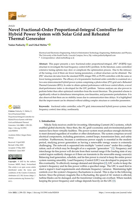 Pdf Novel Fractional Order Proportional Integral Controller For Hybrid Power System With Solar