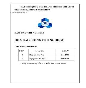 Báo cáo Thí nghiệm Hóa Đại cương Đại học Bách Khoa HCMUT