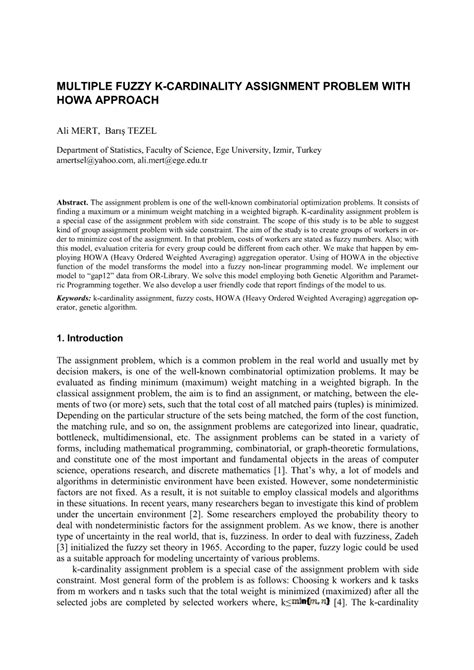 Pdf Multiple Fuzzy K Cardinality Assignment Problem With Howa Approach