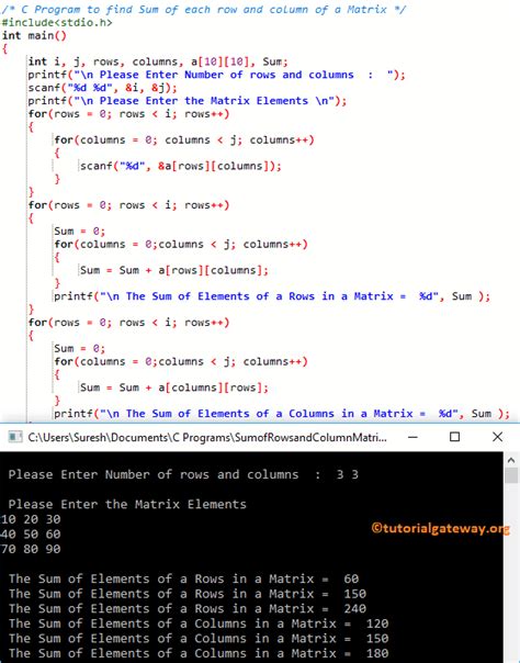 c program to find sum of each row and column of a matrix