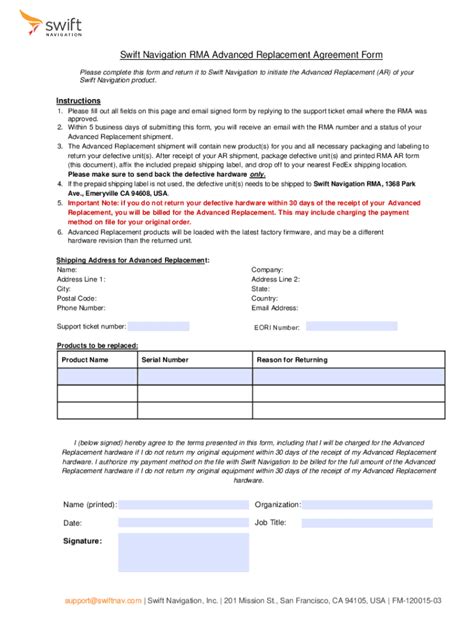Fillable Online Swift Navigation Rma Advanced Replacement Agreement Fax Email Print Pdffiller