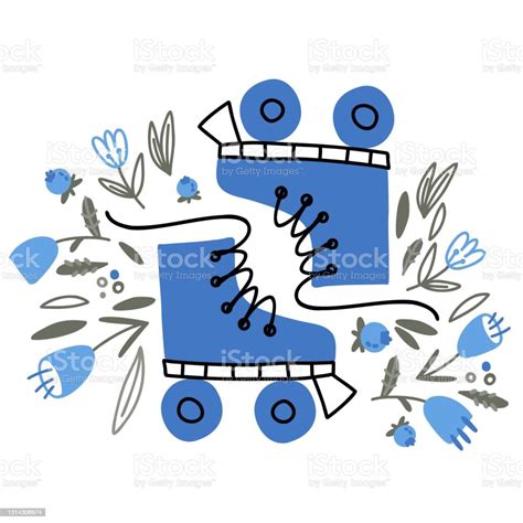 귀여운 낙서 롤러 스케이트 손 흰색 배경에 고립 그려진 벡터 여름 꽃과 잎 어린이 직물에 대한 벡터 요소 롤러 스케이트에 대한 스톡 벡터 아트 및 기타 이미지 Istock