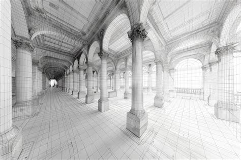 Architectural Wireframe Visualization Of An Ornate Hallway Premium Ai