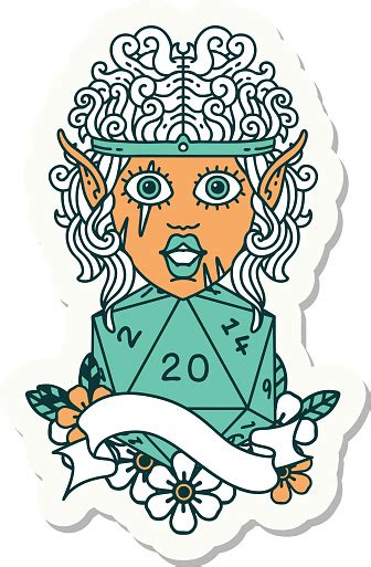 자연스러운 20 주사위 굴림을 가진 엘프 야만인 캐릭터 얼굴의 스티커 굴리기에 대한 스톡 벡터 아트 및 기타 이미지 굴리기