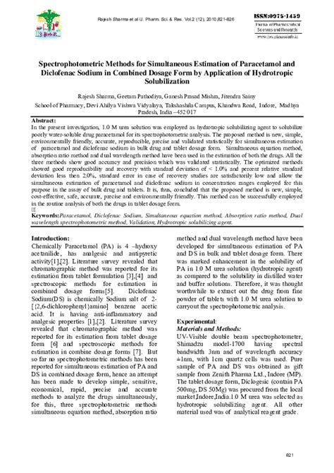 Pdf Spectrophotometric Methods For Simultaneous Estimation Of Paracetamol And Diclofenac