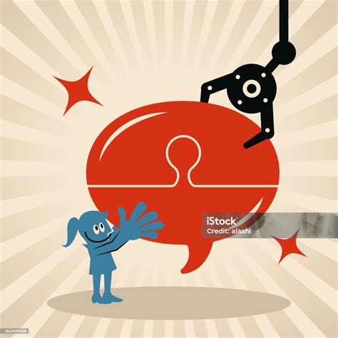 인공 지능 로봇 팔은 사업가가 말풍선의 직소 퍼즐 Ai 협업 아이디어 연결 성공의 연설 표현의 기술 커뮤니케이션 권한 부여를 완료하는 데 도움이 됩니다 개선에 대한 스톡