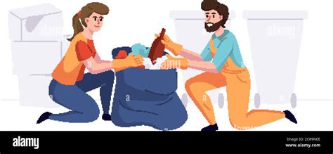 Man With Woman From Cleaning Company Staff Collecting Garbage In