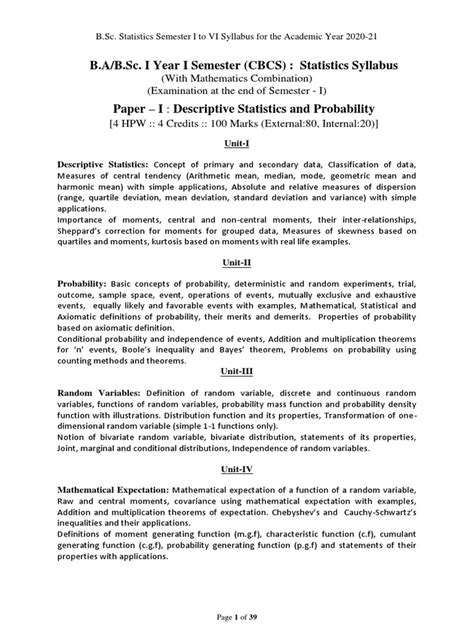 Ug Syllabus Statistics Sem I To Vi 2020 21 Pdf Correlation And Dependence Statistical