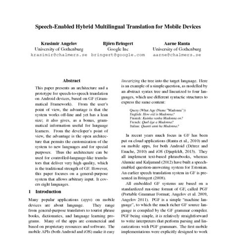 Speech Enabled Hybrid Multilingual Translation For Mobile Devices Acl Anthology