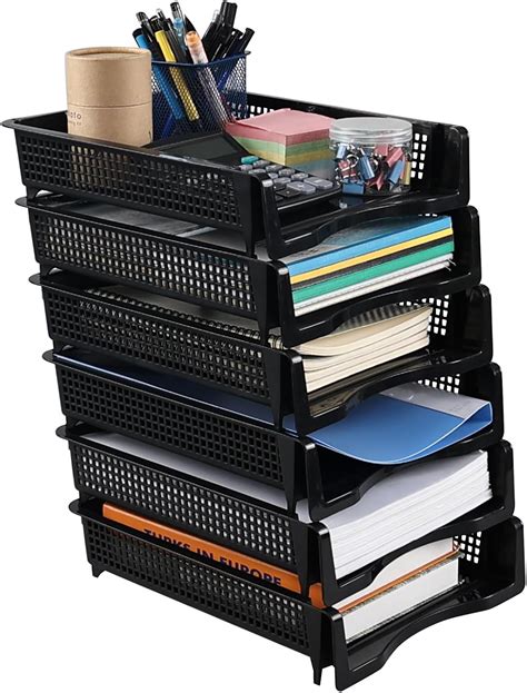 Fabnati 6 Pack Plastic Stackable A4 Paper Tray Desktop File Letter Tray Black
