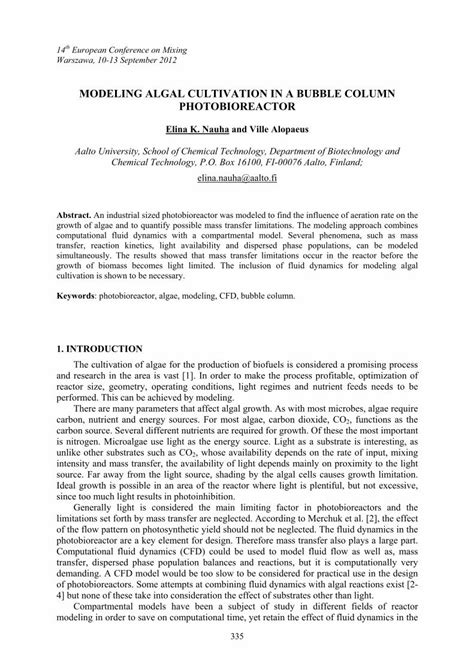 Pdf Modeling Algal Cultivation In A Bubble Column Photobioreactormixing14eupmixing14eu55