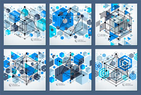 현대 추상 입방 격자 선 파란색 배경 세트의 벡터 큐브 육각형 사각형 직사각형 및 다양한 추상 요소의 레이아웃 추상 기술 3d 배경 3차원 형태에 대한 스톡 벡터 아트 및